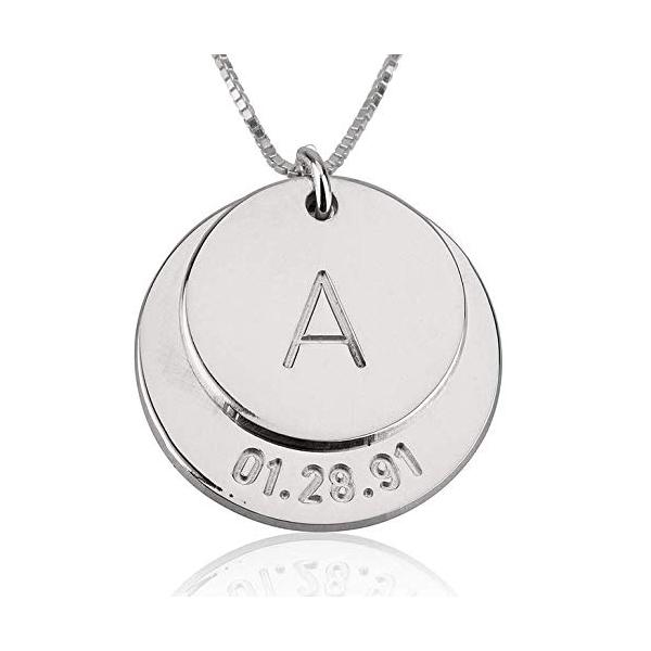 商品名:  Personalized Engraved Initial and Date Necklace, 925 Sterling Silver, Disc, Birthdate, Birthday Gift (Silver Finis...