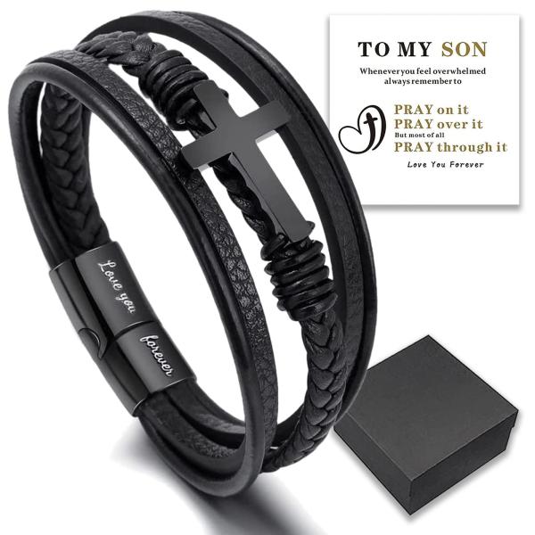 商品名:  Aphro to My Son- Love You Forever Pray Through It Leather Cross Bracelet, Inspirational Bracelets, Men's Leather S...
