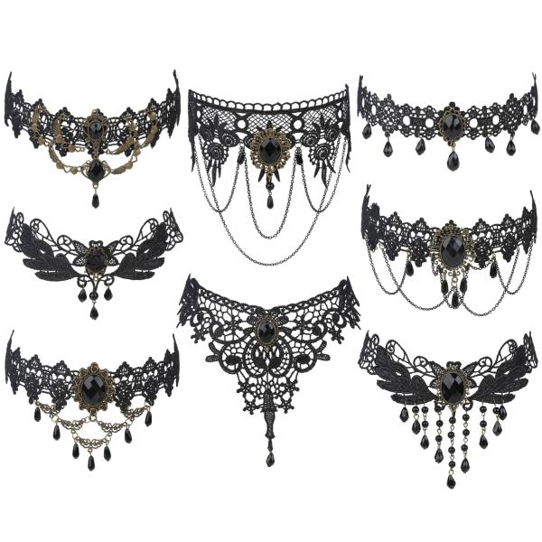 商品名: Wremily 8ピース ハロウィンブラックチョーカーネックレス レディース ガールズ ヴァンパイア ブラックレースチョーカー スチームパンクアクセサリー ゴシックジュエリー パーティー コスプレ ハロウィンコスチューム, キュー...