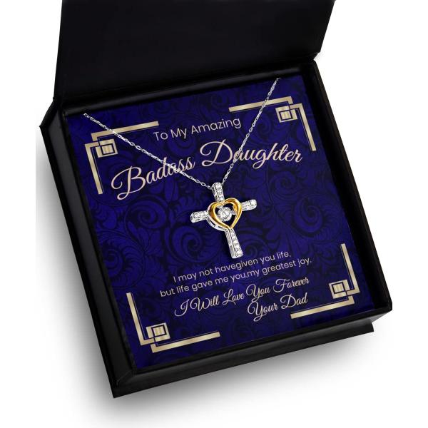 商品名:  Cross Dancing Necklace To My Badass Daughter From Your Dad, Dancing Heart Crystal Cross Necklace, 925 Sterling Sil...