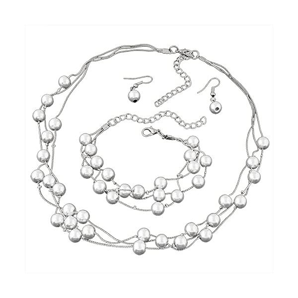 商品名: パールネックレス イヤリング ブレスレットセット レディース ガールズ レイヤードネックレス レディース シルバー マルチレイヤード パール チョーカー ネックレス ブレスレット イヤリング, S Pearl Necklace E...