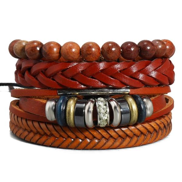 商品名:  4PCS Braided Leather Bracelets for Men Women Handmade Wrap Woven Cuff Bracelets Wooden Beaded Bracelets DIY Bracel...