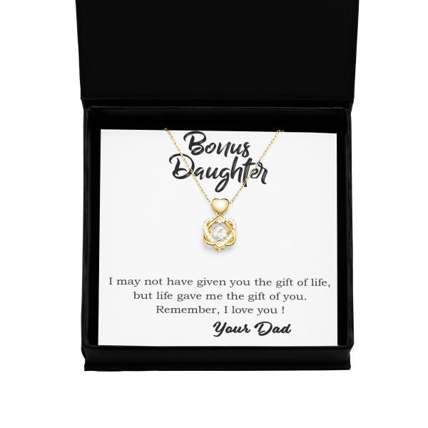 商品名:  Heart Knot Gold Necklace To My Bonus Daughter From Your Bonus Dad, 14k Triple Gold plated Heart Knot Pendant Neckl...