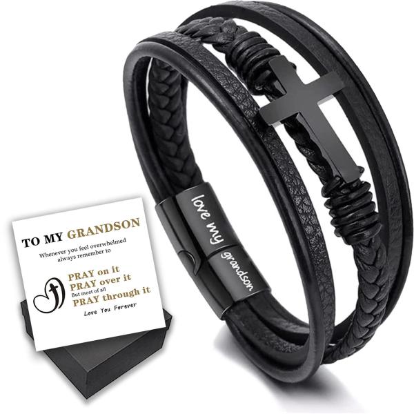 商品名:  To My Grandson Pray Through It Leather Cross Bracelet Grandson Bracelets, Inspirational Faith Cross Bracelet for M...