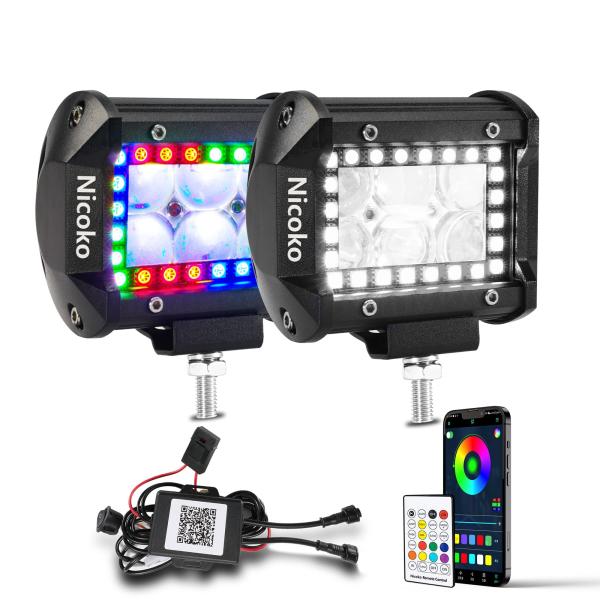 商品名:  Nicoko RGB Led pods 2 pcs 4Inch 18W 3600LM Multicolor Spot Chase Lights App&amp;Remote Controlled Over 200 Modes F...