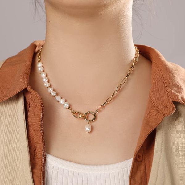 商品名: YERTTER 上品なゴールドチャンキーチェーンリンク ハーフパールチェーンチョーカー パールペンダント Oリングチャーム チョーカーネックレス 調節可能なチェーン パーティーギフト レディース ティーン ガールズ (スタイルH)...