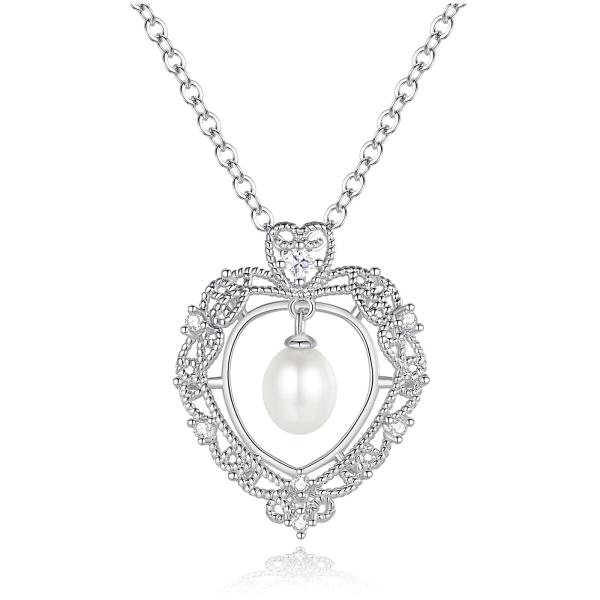 商品名: スターリングシルバー ゴールド ハートネックレス レディース 淡水養殖シングルパールペンダントネックレス キュービックジルコニア付き 18インチチェーン 女の子 お母さん 妻, キュービックジルコニア, 真珠 Sterling S...