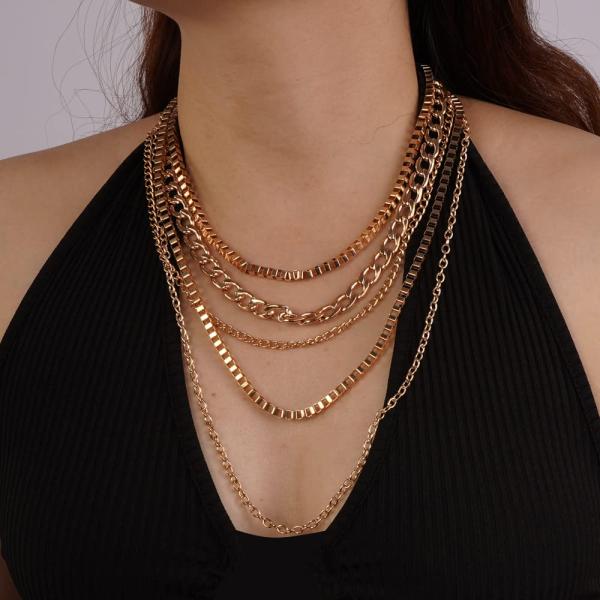 商品名: Aimimier パンク 多層 ゴールドリンクチェーン チョーカーネックレス キューバンボックスチェーンペンダント プロムパーティージュエリー ステートメントネックレス レディース Aimimier Punk Multilayer...