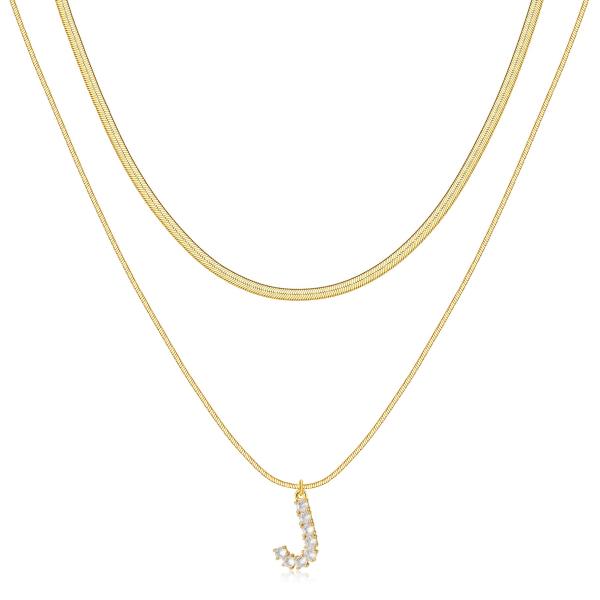 商品名: NUZON レイヤリングイニシャルA~Zレターペンダントネックレス レディース 14Kゴールドメッキ ダブルスネークチェーンチョーカー パーソナライズCZキャピタルネックレス 調節可能なジュエリーギフト 16インチ/18インチ, ...