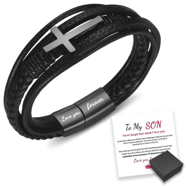 商品名:  MEONFY To My Son Bracelet Love You Forever Cross Bracelet, Handmade Braided Leather Cross Bracelet, Pray Through I...