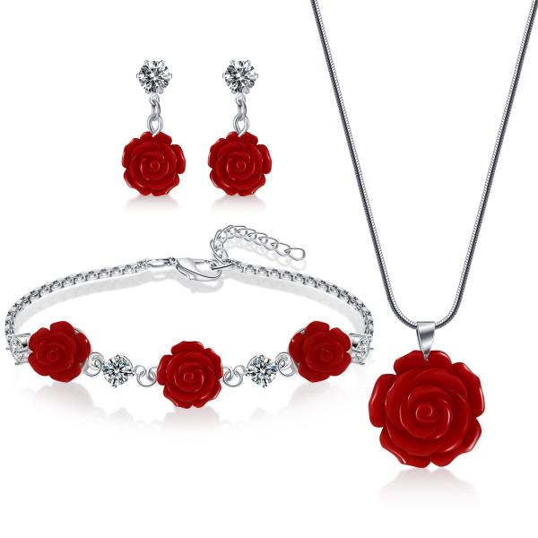 商品名: 樹脂ローズレッドジュエリー レッドネックレス ダイヤモンドフラワー付き ヴィンテージジュエリー ダングルネックレスとイヤリングセット レディース ローズイヤリング ペンダントブレスレット ガールズ 花嫁 ウェディング バレンタイン...