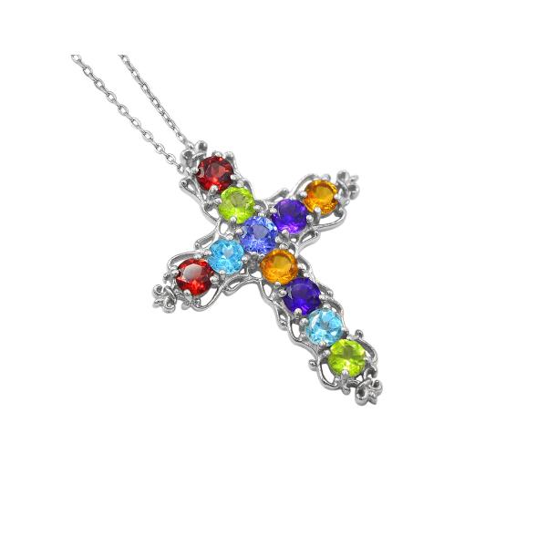 商品名:  Natural Peridot Garnet Amethyst Multi Gemstone 925 Sterling Silver Holy Cross Pendant Necklace Multi Stone Jewelry...