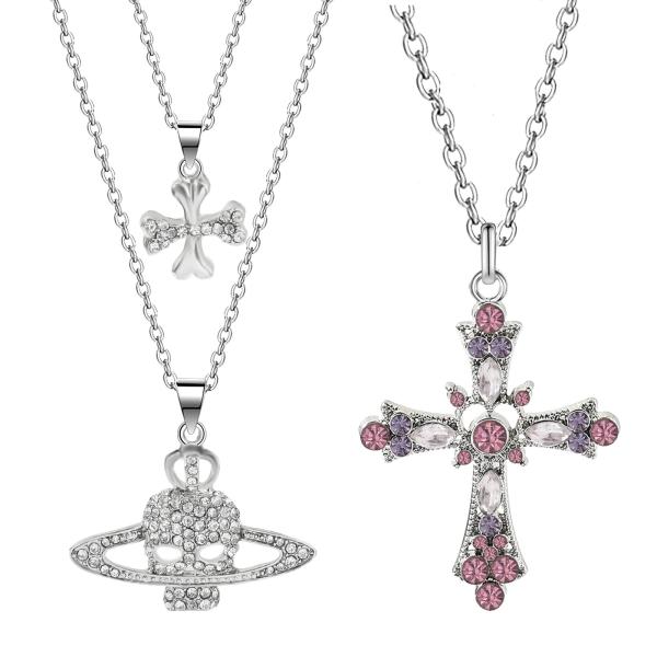 商品名: Eddie Munson ピンククリスタルクロスネックレスセット ファッション3Dサターンペンダントネックレス ゴシックパンクジュエリーギフト 女性向け, 亜鉛, 宝石なし Eddie Munson 2PCS Sparkling ...