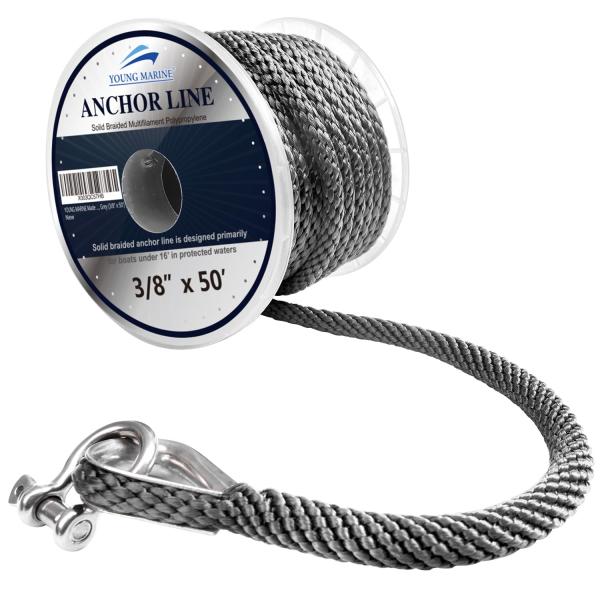 商品名: YOUNG MARINE 3/8インチ 100フィート 150フィート プレミアムソリッド編組MFPアンカーライン 編組アンカーロープ/ライン ステンレススチールシンブルとシャックル付き グレー (3/8インチ x 50フィート)...