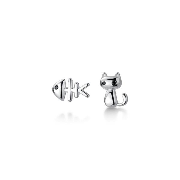 商品名:  S925 Sterling Silver Women Earrings, Sweet Asymmetrical Cat Fishbone Stud Earrings, Hypoallergenic Stud Earringsブラ...