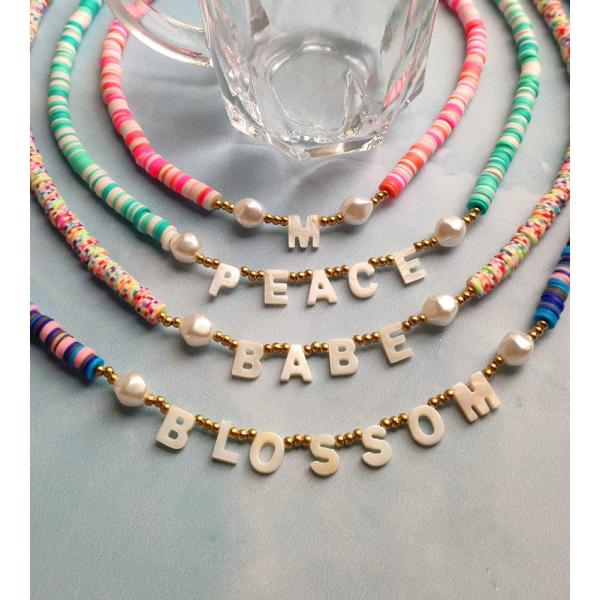 商品名:  Handmade Custom Name Letter Clay Beads Necklace For Women Natural Shell Initials Color Polymer Clay Bead Choker Je...