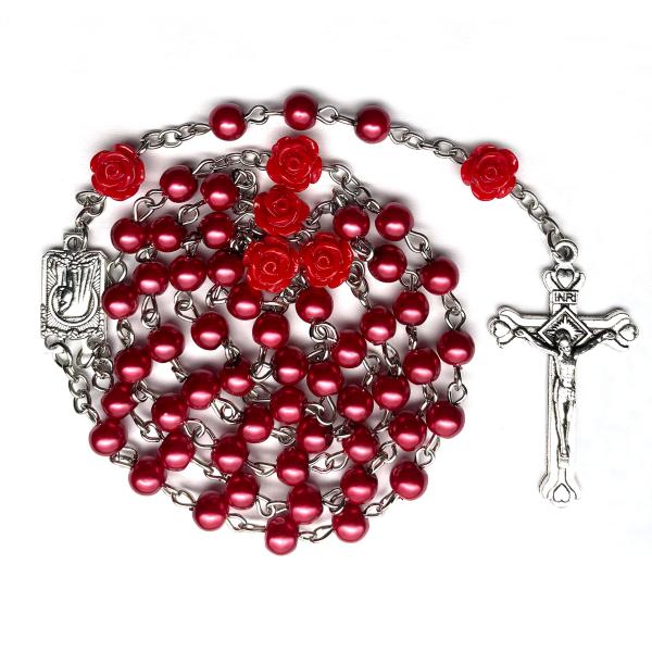 商品名: ロザリオパールビーズネックレス 女性用 初聖体拝領 カトリック ロザリオ 祈りのギフト 男性 女の子 男の子 Our Rose Lourdes メダル 十字架ネックレス, ガラス, 宝石なし Catholic Rosary Red...