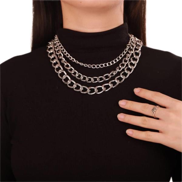 商品名: Aimimier パンクキューバンリンクチェーン チョーカーネックレス チャンキーカーブチェーンネックレス ボーホー ヒップホップアクセサリー レディース ガールズ (シルバー) 3個セット Aimimier 3Pcs Punk ...