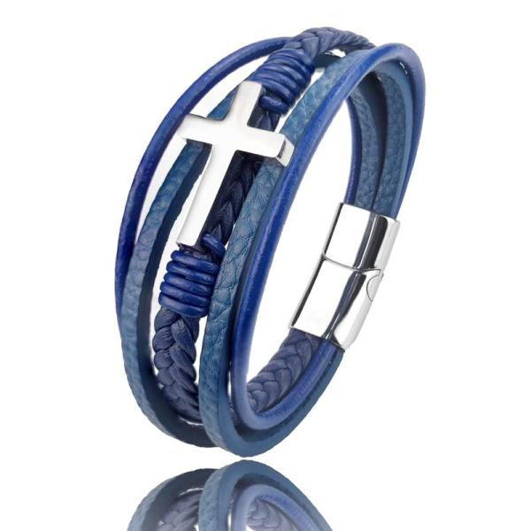 商品名:  Classic Stainless Steel Blue Cross Braided Leather Bracelets Clasp Mens Charm Bangles (Blue-corss-Silver-23cm)ブランド...