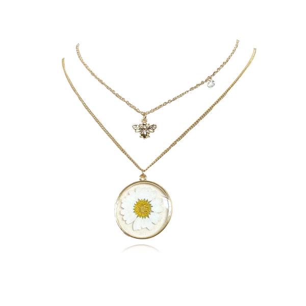 商品名: Locrccl 大きなデイジー押し花 ダブルスタックデイジービーペンダント ティアドロップラウンドデイジーネックレス 不規則なデイジーネックレス パーソナライズされた花柄押し菊ジュエリー 女性用, 樹脂, 宝石なし Locrccl...
