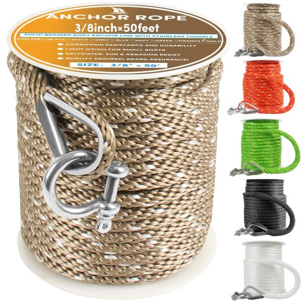 商品名: プレミアムアンカーロープ 50フィート x 3/8インチ ソリッドブレイド MFP アンカーライン ボートロープ マリンロープ シンブル&amp;シャックル付きボートアンカーロープ ゴールド/ホワイト Premium Anchor...