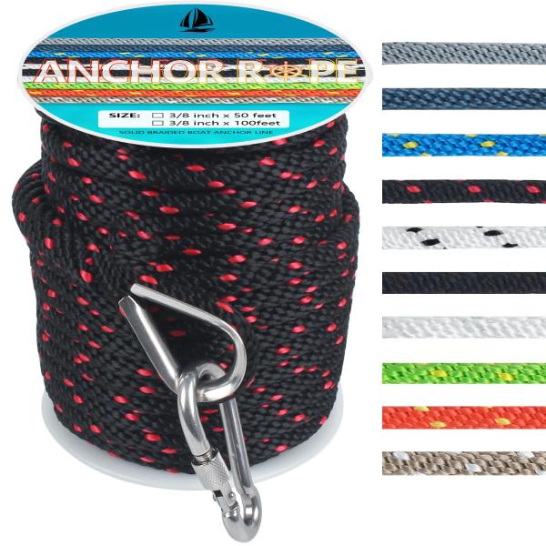 商品名: アンカーロープ 50フィート プレミアムソリッドブレイド MFP アンカーライン 316ステンレススチールシンブル ボートアンカーロープ 3/8インチ 50フィート 高耐久スナップフック付き ブラック&amp;レッド Anchor...