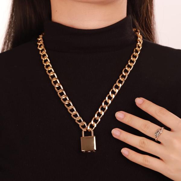 商品名: Aimimier パンク キューバ 南京錠 ゴールドチェーンネックレス 太いリンクチェーン チョーカー 襟 ロックチェーン キー付き ヒップホップジュエリー レディース ガールズ (ゴールド) Aimimier Punk Cuba...