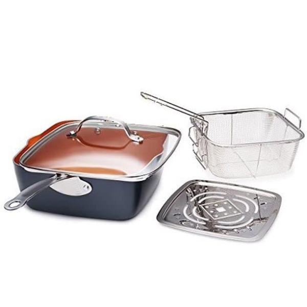 商品名:  6 Quart XL Nonstick Copper Deep Square All in One 6 Qt Casserole Chef’s Pan &amp; Stock Pot- 4 Piece Set, Includes...