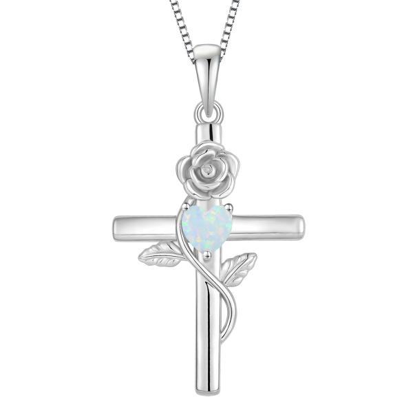 商品名: Vesitim 十字架ペンダントネックレス スターリングシルバー インフィニットローズフラワーネックレス レディース 信仰 ジュエリーギフト 誕生石付き, スターリングシルバー, 人工ホワイトオパール Vesitim Women'...