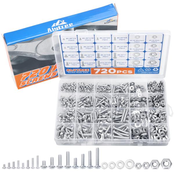 商品名: 720個 ナットとボルト詰め合わせキット フィリップスパンヘッドナットとボルトセット 機械ねじ詰め合わせキット ステンレススチールナットとボルト フラットワッシャー ケース付き (#4-40/#6-32/#8-32/#10-24)...