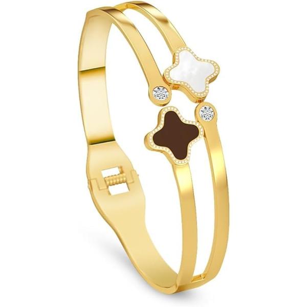 商品名:  GFEEL 14K Gold Plated Bangle Bracelet, Leaf Clover Gold Bangle Bracelet for Women Black and White Shell Four-Leaf ...