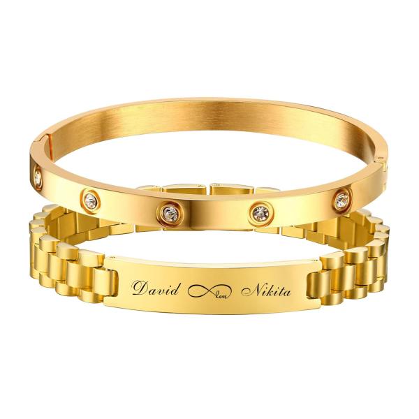 商品名:  Gamtic 2pcs Personalized Watch Band Bracelets Customize Gold Stainless Steel Cubic Zirconia Love ID Bangle, 10mm W...