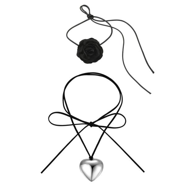 商品名: Kasmena チャンキーハートチョーカーネックレスとフラワーチョーカーネックレス レディース 調節可能なブラックベルベットフラワー ゴスチョーカー トレンディなジュエリーギフト レディース ガールズ, 金属, 宝石なし Kasm...