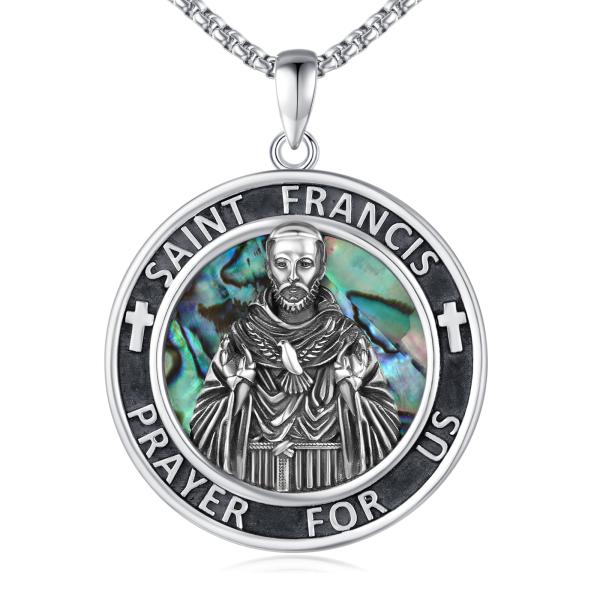 商品名: JUSTKIDSTOY アッシジの聖フランシスコペンダントネックレス 925スターリングシルバー カトリック聖フランシスコメダル保護ネックレス メンズ レディース カトリックジュエリーギフト スターリングシルバー アワビシェル, ...