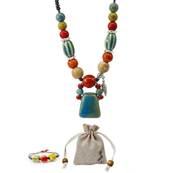 商品名:  JMYP 2PCS Boho Hippie Chunky Colorful Ceramic Beads Statement Necklace And Handmade Bracelet Kit, Bohemian Ethnic ...