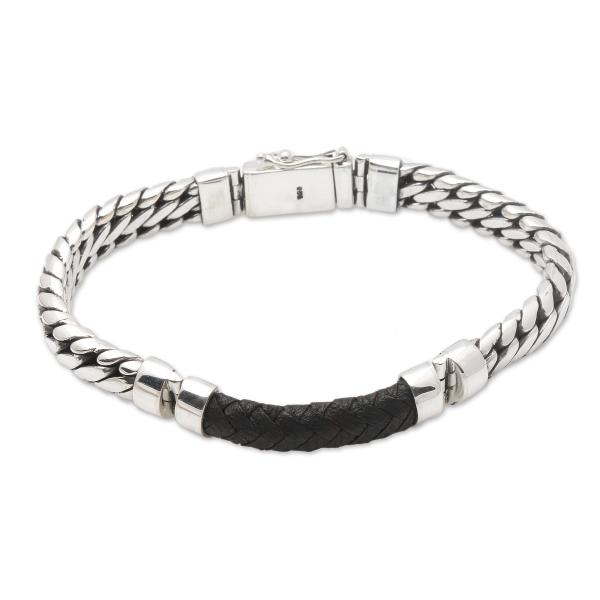 商品名:  NOVICA Artisan Handmade Men's .925 Sterling Silver Leather Bracelet Polished No Stone Chain Indonesia 'Bridge in B...