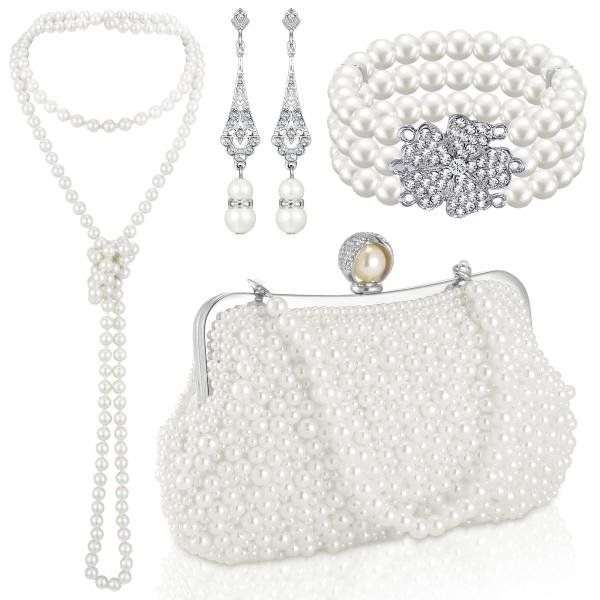 商品名: Maitys 4点セット 1920年代ジュエリーセット ビーズパールクラッチバッグ チェーン付き ダングル フェイクパール ドロップイヤリング マルチストランド ブレスレット ロングネックレス レディース ガールズ ハロウィン 結...
