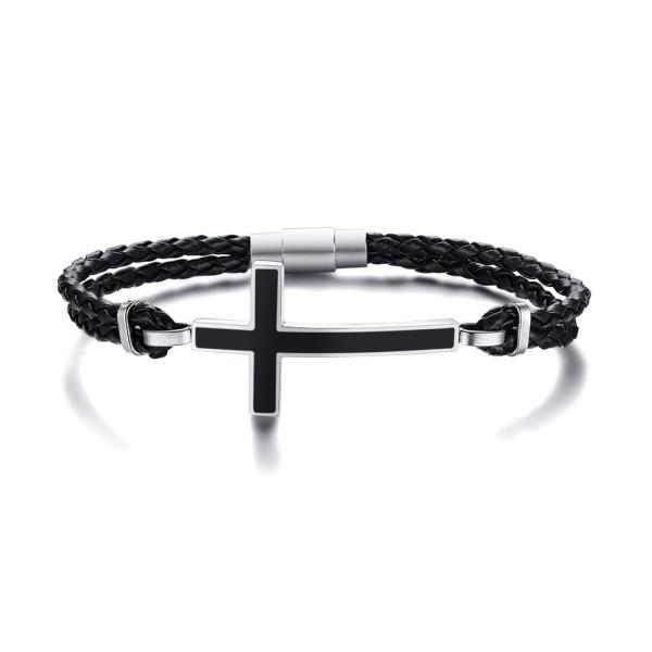 商品名: Gamtic クロスレザーブレスレット メンズ スタイリッシュ ブラック編みレザーロープ リストバンド ジュエリー インスピレーションを与えるステンレススチールクラスプ カスタマイズ可, レザー, 宝石なし。 Gamtic Sty...