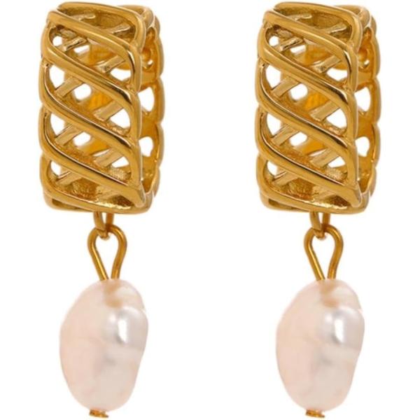 商品名:  Earrings,jewellery,stud earrings,Stainless Steel Natural Freshwater Pearl Dangle Earrings Trendy Golden Geometric ...