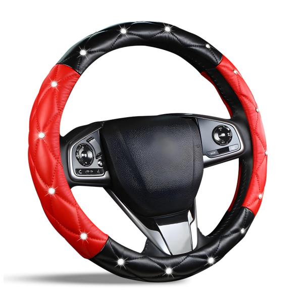 商品名: BubabyZZ レッド ブラック ハンドルカバー ダイヤモンド キラキラ ラインストーン ソフトレザー ハンドルカバー カーアクセサリー レディース ガールズ 通気性 滑り止めプロテクター ユニバーサル 15インチ ほとんどの車...