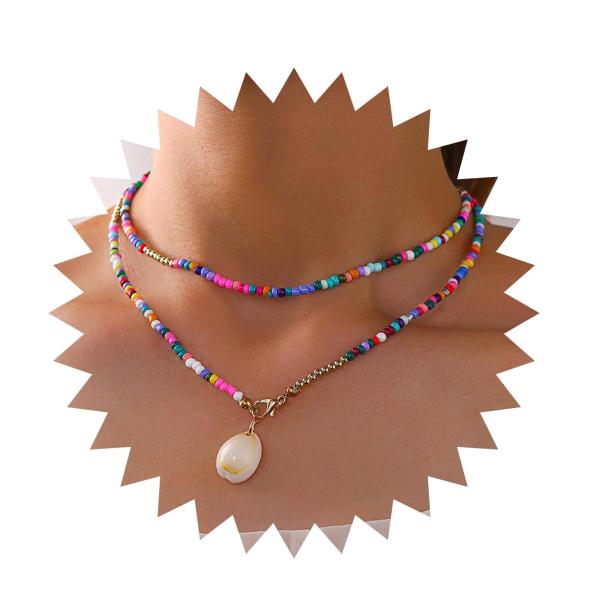 商品名:  Erimberate Bohemian Layered Shell Choker Necklace Acrylic Rainbow Seed Bead Necklace Cowrie Shell Pendant Necklace...