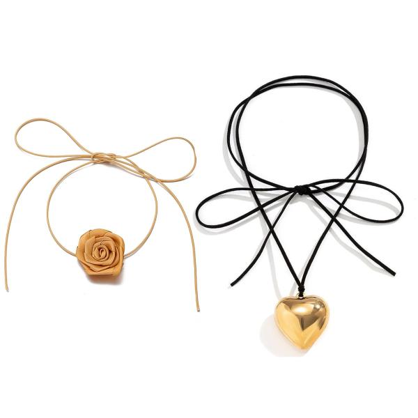 商品名: Kasmena チャンキーハートチョーカーネックレスとフラワーチョーカーネックレス レディース 調節可能なブラックベルベットフラワー ゴスチョーカー トレンディなジュエリーギフト レディース ガールズ, 金属, 宝石なし Kasm...