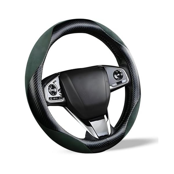 商品名: SuperKaKa ダークグリーンスエードハンドルカバー 2023 快適 通気性 滑り止め カーボンファイバーレザー カーアクセサリー レディース メンズ ユニバーサルオートプロテクター 15インチ ほとんどの車にフィット Sup...