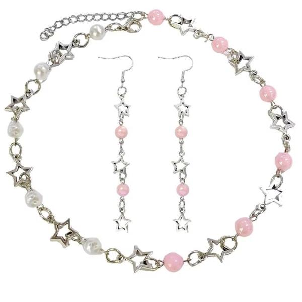 商品名:  Zhang shine Y2k Bracelet Necklace Set Star Imitation Pearl Punk Hollow Out Five-Pointed Star Charm Glitter Cool Go...