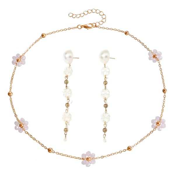 商品名: Kasmena ホワイトパールジュエリーセット レディース 華奢なフラワーチョーカー Yネックレス ロングステートメントダングルイヤリング レディース フローラル トレンディジュエリー ギフト, 合金鋼, 宝石なし Kasmena...