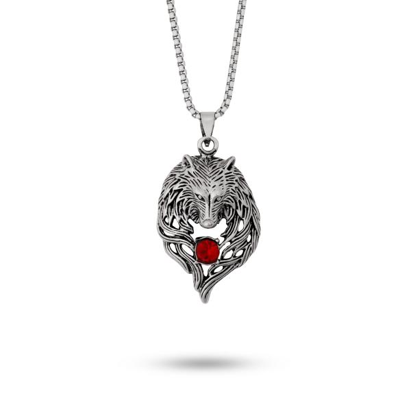 商品名: HAQUIL ウルフストーンネックレス, ステンレス鋼, 宝石なし HAQUIL Viking Red Stone Wolf Necklace for Men Vintage Punk Gothic Necklace Stainl...