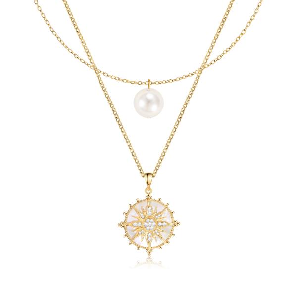 商品名: 女性用パールネックレス 上品なゴールドネックレス 14Kゴールドメッキ シングルパールネックレス ダブルネックレス 女性用 シンプルなパールチョーカー サンコインペンダント レイヤーパールネックレス 変色しないゴールドネックレス ...