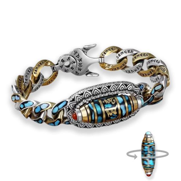 商品名:  Turquoise Six-character Mantra Nine-eyed Dzi Bead Bracelet, Tibetan Style Transfer Rotating Meditation Bracelet, F...