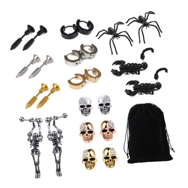 商品名:  SOESFOUFU 12 Pairs Punk Stud Earrings Men Ear Stainless Steel Earrings for Women Skeleton Earrings Dangle Hallowee...