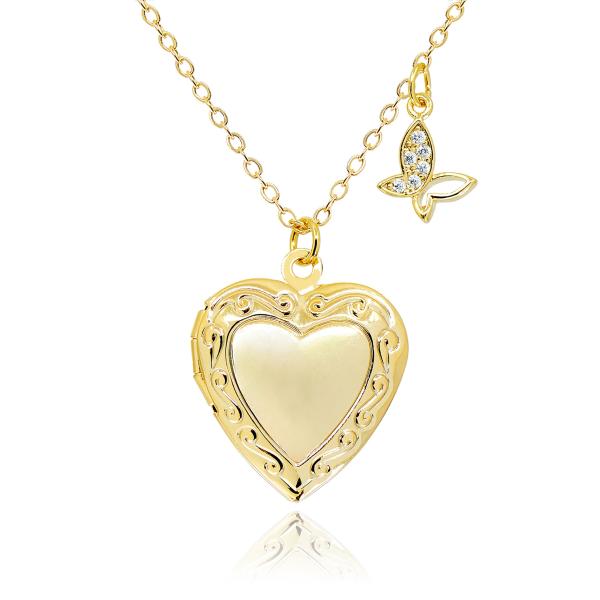 商品名: QVY ラブハートロケット バタフライネックレス レディース 18Kゴールドメッキ 写真を保持 19インチ ステンレススチール ジュエリーギフト [HN-LK], 17 inch with 2 inch extender, 金メッ...